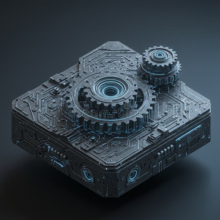 Futuristic Grey Machine with Glowing Blue Gears Stock Illustration ...