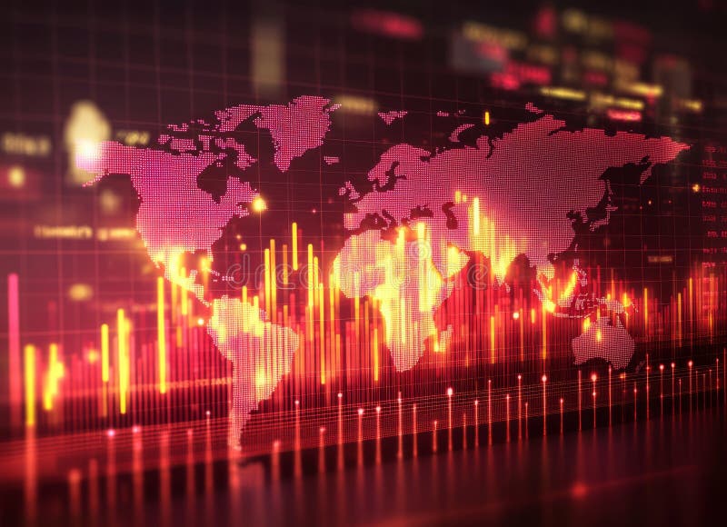 On a Futuristic Grid, a Double Exposure of a World Map and a Glowing ...