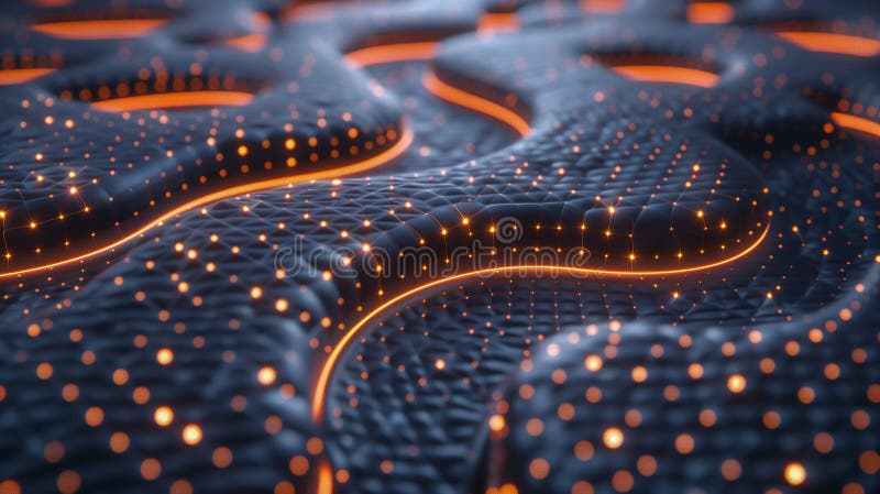Futuristic Grid with Glowing Orange Dots and Lines Stock Illustration ...