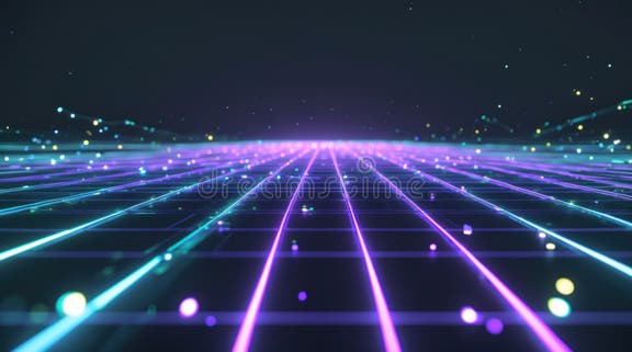 Futuristic Grid Pathway Illuminated by Neon Lights and Glittering ...