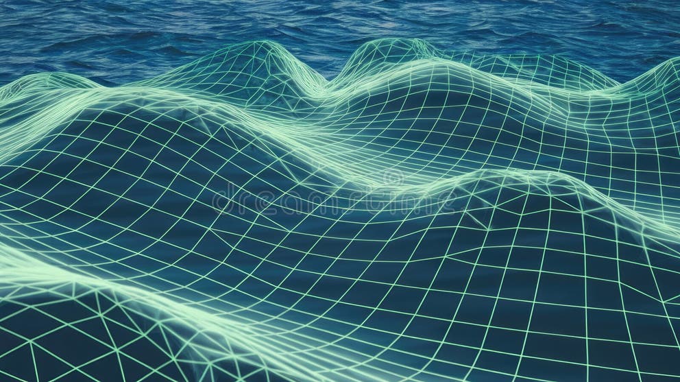 A Futuristic Grid Pattern Overlaying Undulating Waves in a Serene Ocean ...