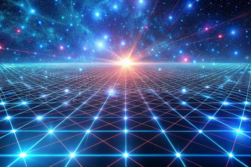 Futuristic Grid Space Landscape with a Sun, Network, and Stars Stock ...