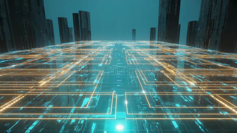 A Futuristic Gridded Platform Criss Crossed by Glowing Teal and Light ...