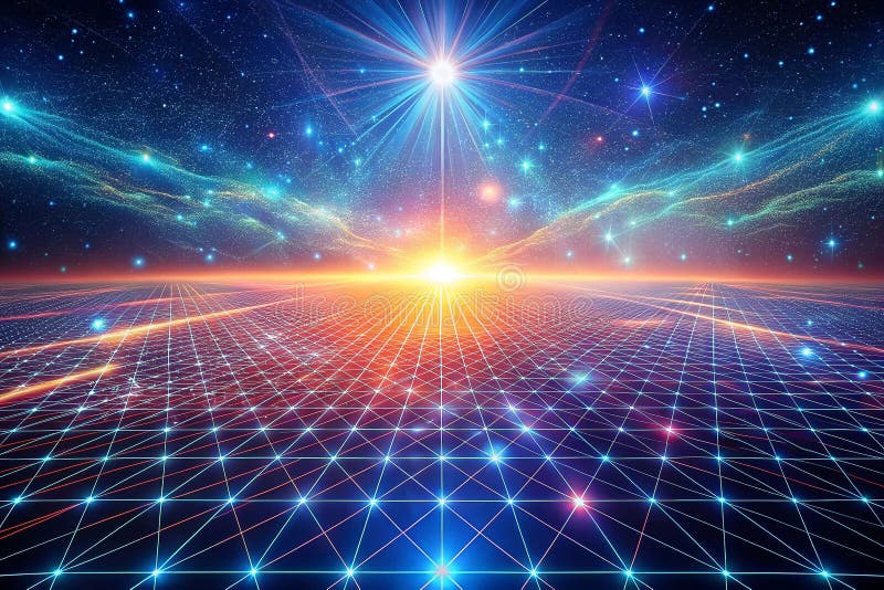 Futuristic Gridded Space Sunrise Stock Illustration - Illustration of ...