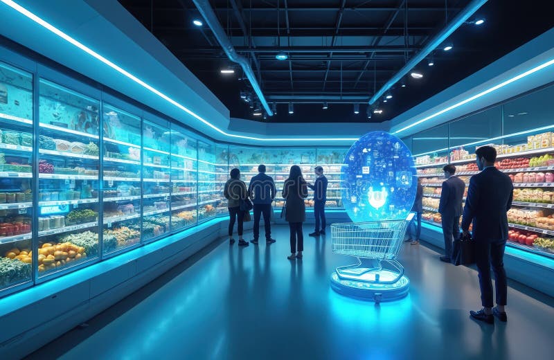Futuristic Grocery Store with Interactive Digital Displays. Customers ...