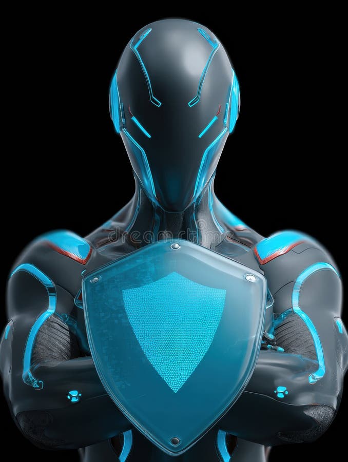 Cyber Guardian Avatar Stands Protectively in Front of a Device ...
