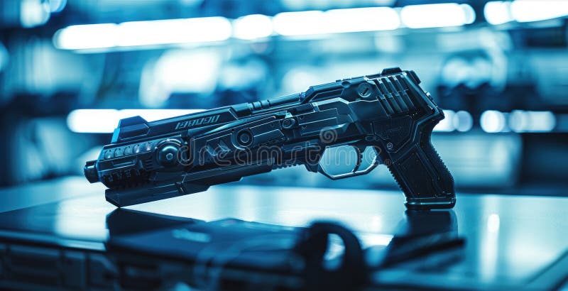 Futuristic Gun Inside Spaceship, Alien Weapon on Desk in Spacecraft ...