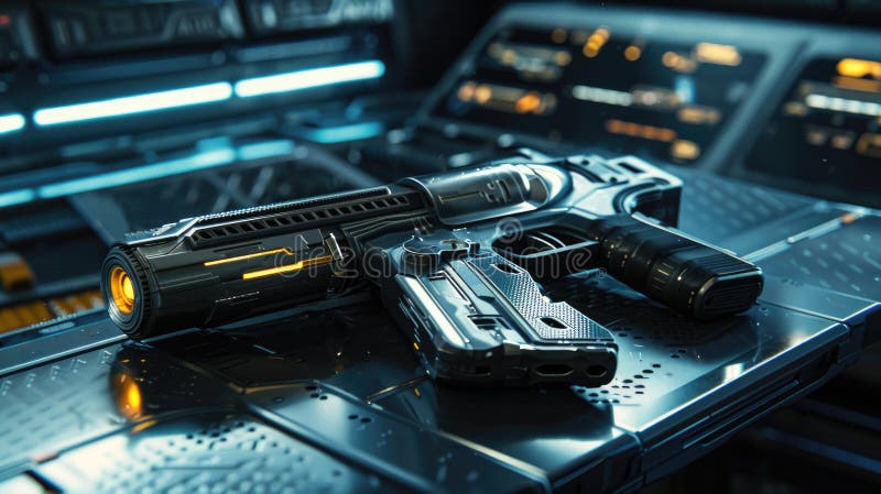 Futuristic Gun on Metal Table Inside Spaceship, Alien Machine Weapon in ...