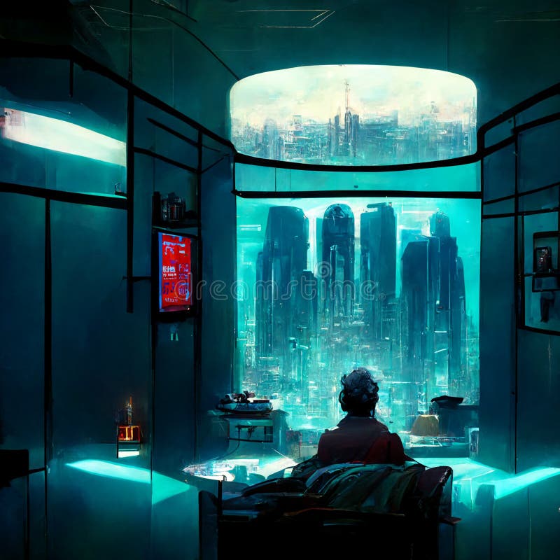 Futuristic Guy Room in Cyberpunk Dystopia Stock Illustration ...