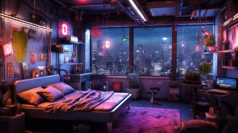 Futuristic Guy Room in Cyberpunk Dystopia. Generative AI. Stock ...