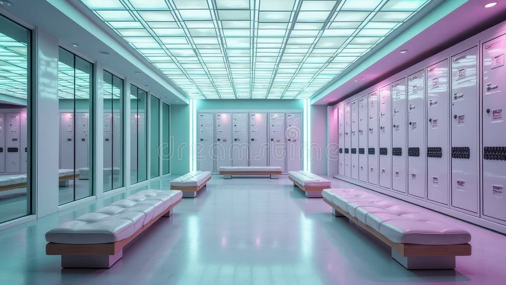 Futuristic Gym Locker Room with Neon Lighting and Benches Stock Photo ...