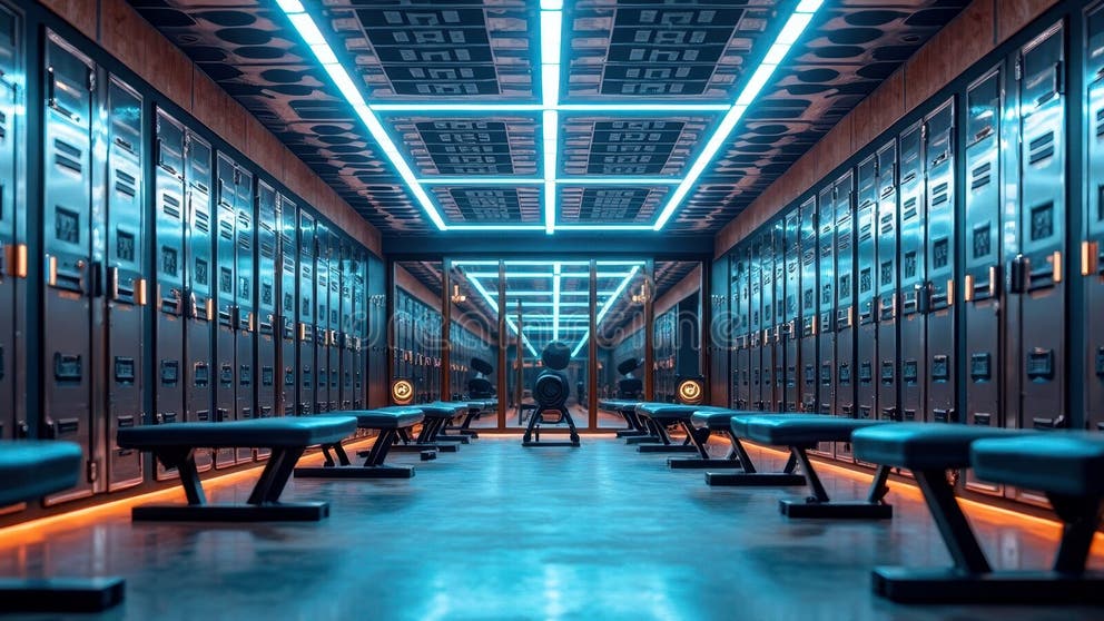 Futuristic Gym Locker Room with Rows of Lockers and Benches Under Neon ...