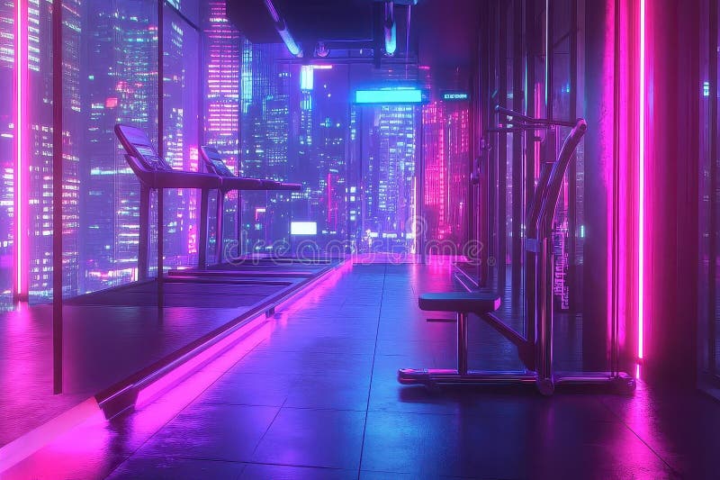 Futuristic Gym with Neon Lights and City Views Stock Illustration ...