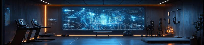 Futuristic Gym with Digital Fitness Screen and Exercise Equipment Stock ...