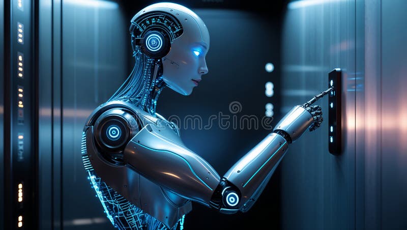 Futuristic Gynoid Robot Pressing Button Inside Elevator, Artificial ...