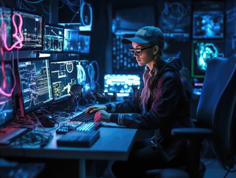 Futuristic Hacker Amidst Augmented Reality Screens Stock Illustration ...