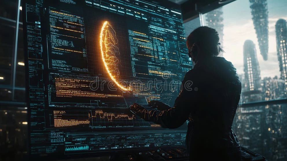 Futuristic Hacker Analyzing Data on a Digital Interface in a High-tech ...