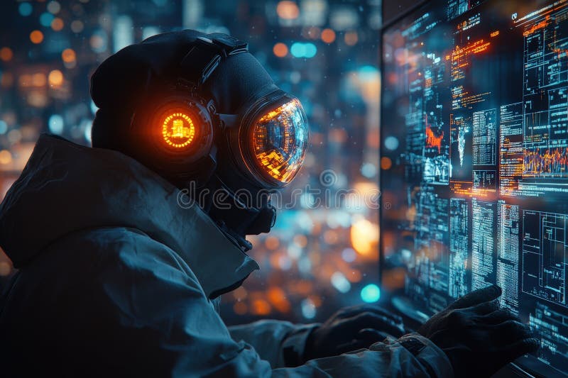 Futuristic Hacker at Digital Interface Screen Stock Illustration ...