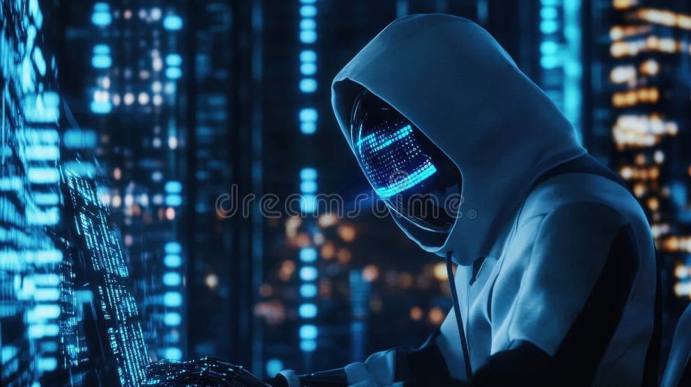 Futuristic Hacker with a Glowing Helmet Working in a Digital City Stock ...