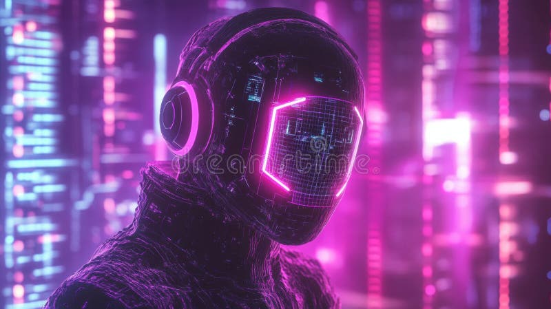 Futuristic Hacker Icon Highlighted by Neon Lights with Abstract Sci-fi ...