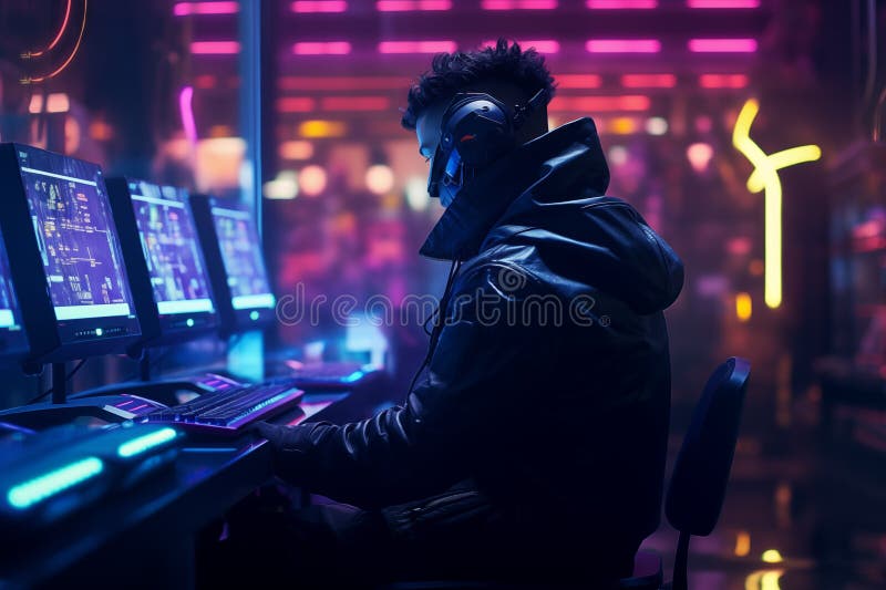 Futuristic Hacker, Illuminated by the Glow of Their Computer Screens ...