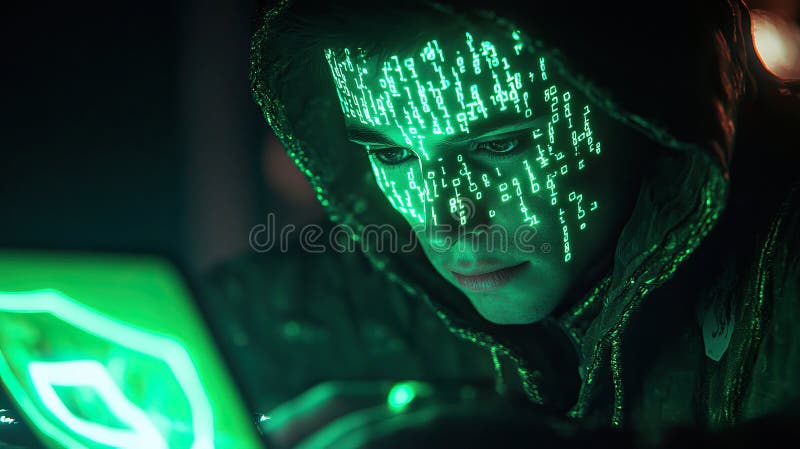 A Futuristic Hacker Immersed in a Vibrant Neon Digital Environment of ...