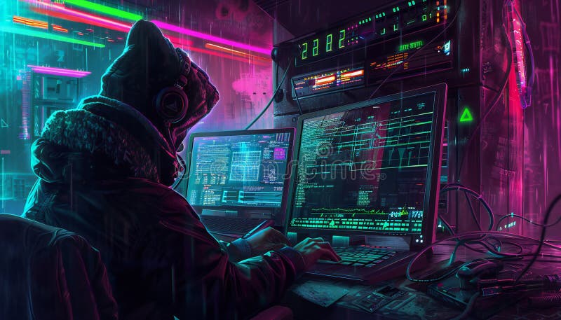 A Futuristic Hacker Infiltrating a High-security System in a Neon ...