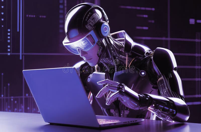 Futuristic Hacker Robot, Cybersecurity Concept and Data Protection Technology. Security Using ...