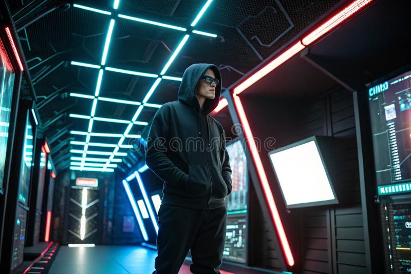 Hacker Standing in Futuristic Interior with Neon Lamps Stock ...