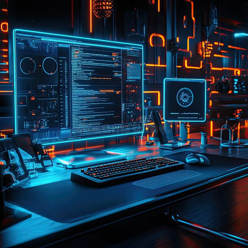 Futuristic Hacker Workspace with Blue and Orange Neon Lights. Stock ...