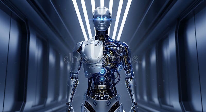 Futuristic Half-human Half-robot Android Standing in Illuminated Sci-fi ...