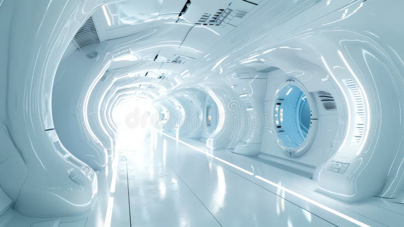 Futuristic Hall Corridor on Spaceship. Light Interior of Intergalactic ...