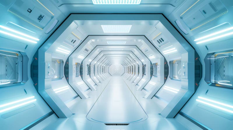 Futuristic Hall Corridor on Spaceship. Light Interior of Intergalactic ...