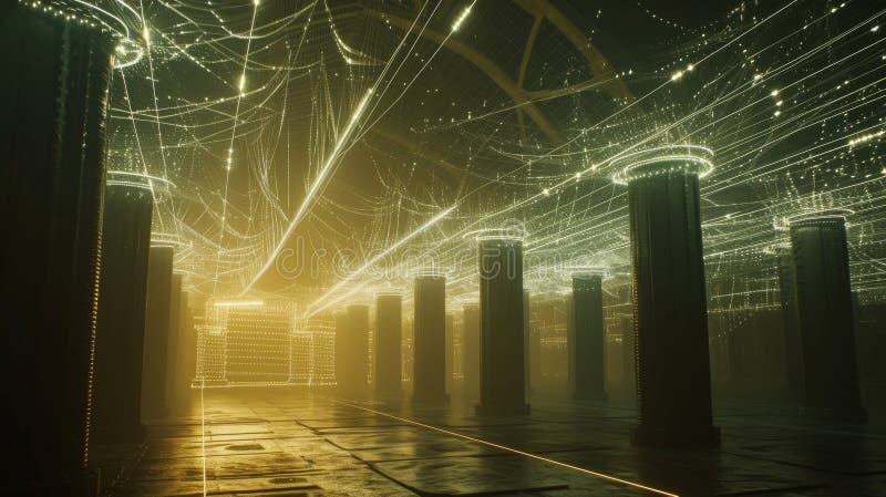 Futuristic Hall with Glowing Digital Light Strings Stock Image - Image ...