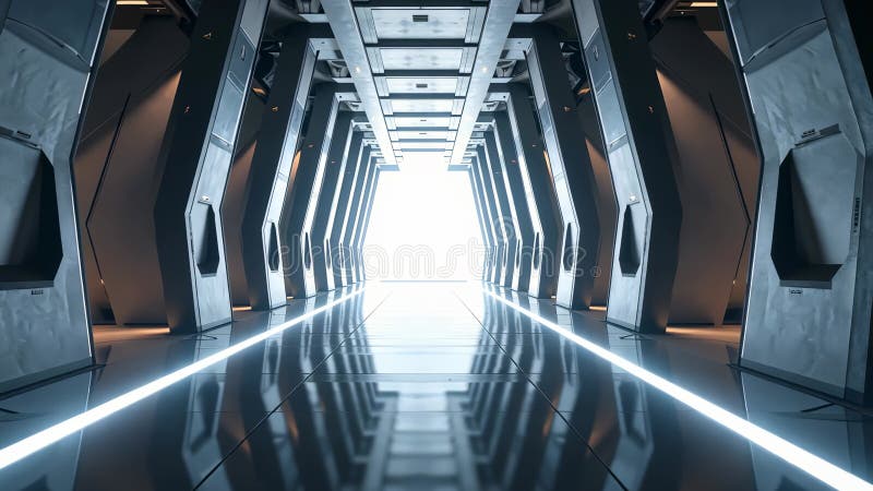Futuristic Hallway with Bright Light at the End during an Exploration ...
