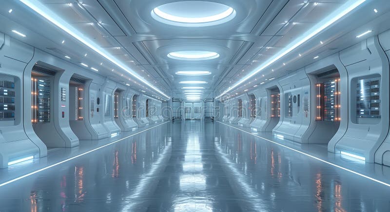 A Long Futuristic Hallway with a Lot of Doors and Lights Stock Image ...