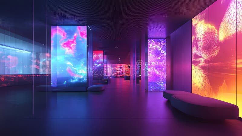 Futuristic Hallway with Colorful, Glowing LED Screens Stock ...
