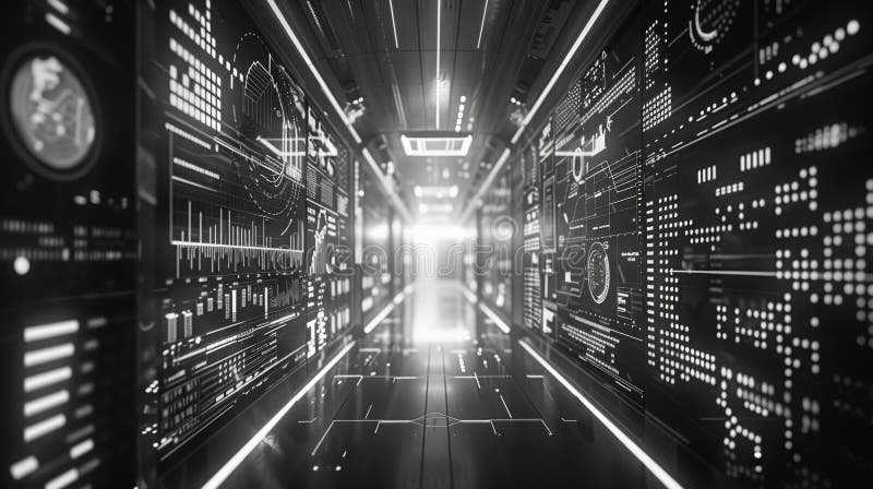 Futuristic Hallway with Digital Screens, Abstract High-tech Corridor ...