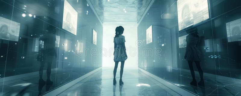 Futuristic Hallway with Digital Screens and Silhouetted Figure in a ...