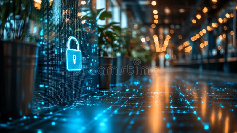 Futuristic Hallway with Digital Security Padlock and Glowing Data ...