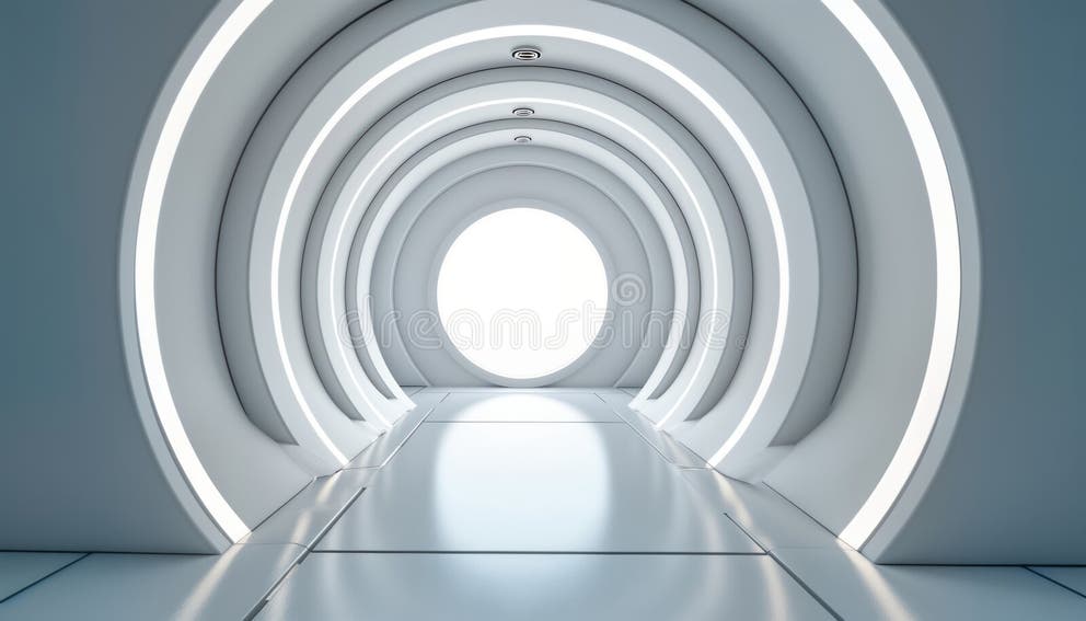 Futuristic Hallway Features Round Arched Structure. White, Light Tech Design. Smooth Interior ...