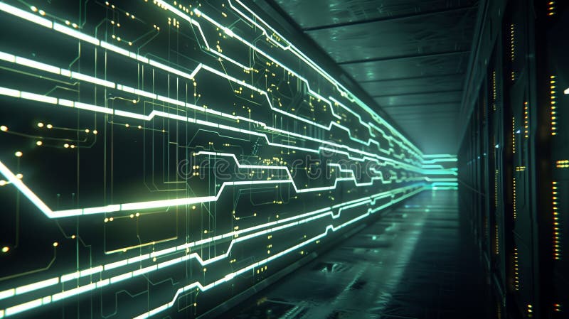 Futuristic Hallway Featuring Glowing Circuit Patterns in a High-Tech ...