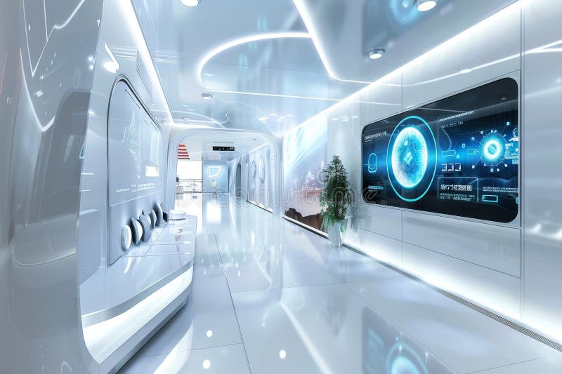 A Futuristic Hallway Featuring a Large Screen Mounted on the Wall ...