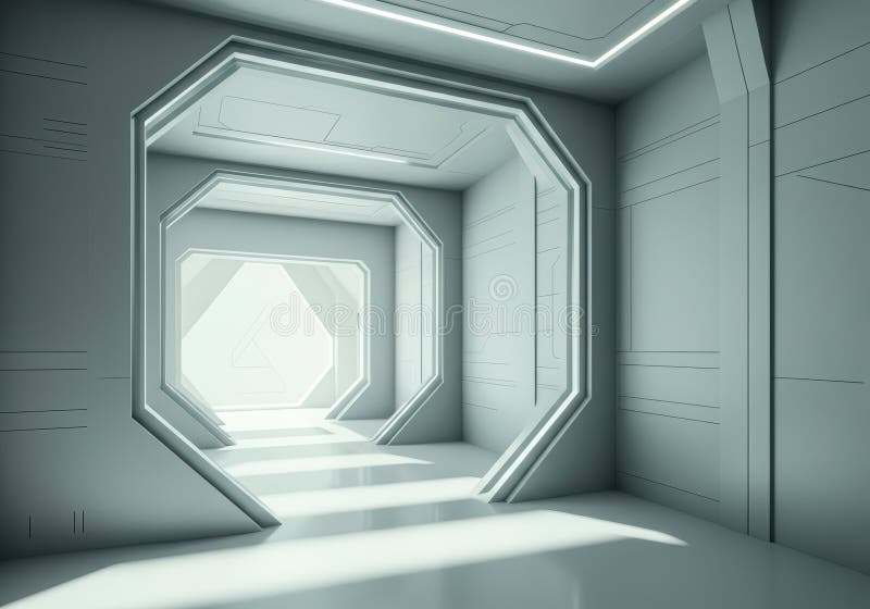 A Futuristic Hallway with Blue Lights on the Ceiling and Walls Stock ...