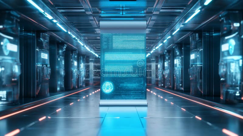 Futuristic Hallway with Glowing Blue Digital Screen Display Stock ...