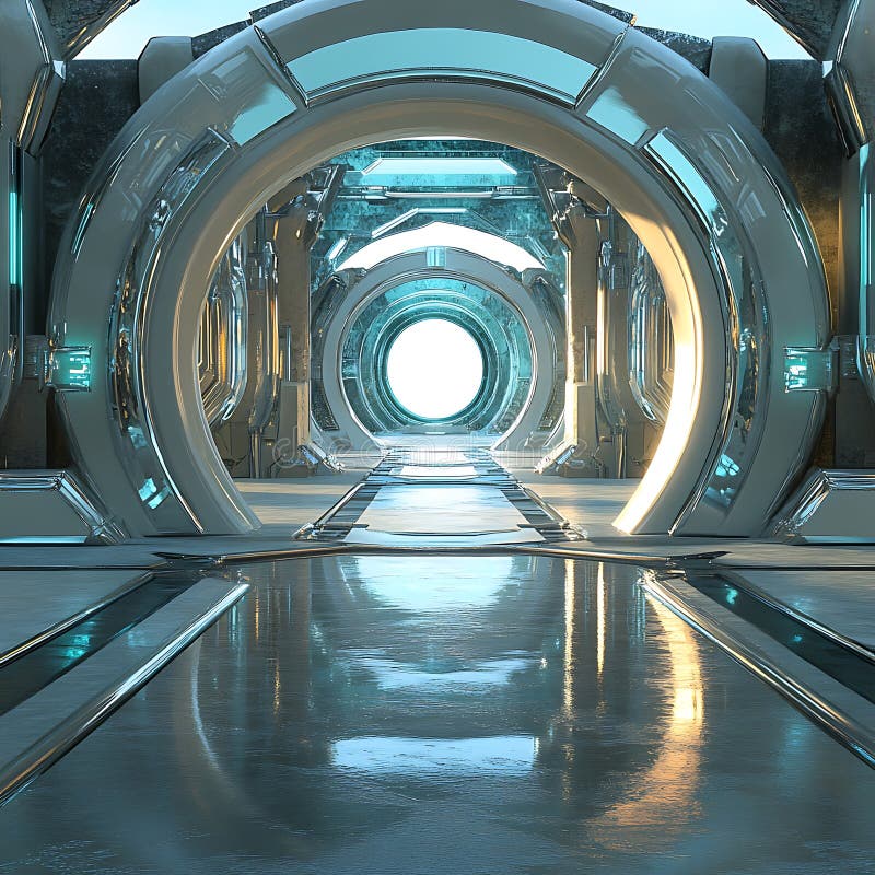 Futuristic Hallway with Glowing Circular Portals Stock Illustration ...