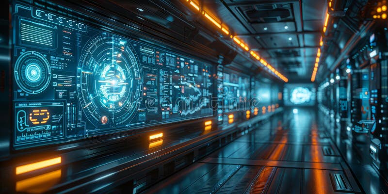 Futuristic Hallway with Glowing Digital Interfaces, Holographic ...