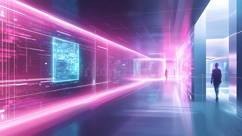Futuristic Hallway with Glowing Digital Screens and People Walking ...