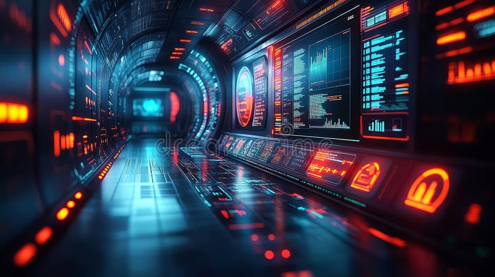 Futuristic Hallway with Glowing Screens and Data Displays in a High ...