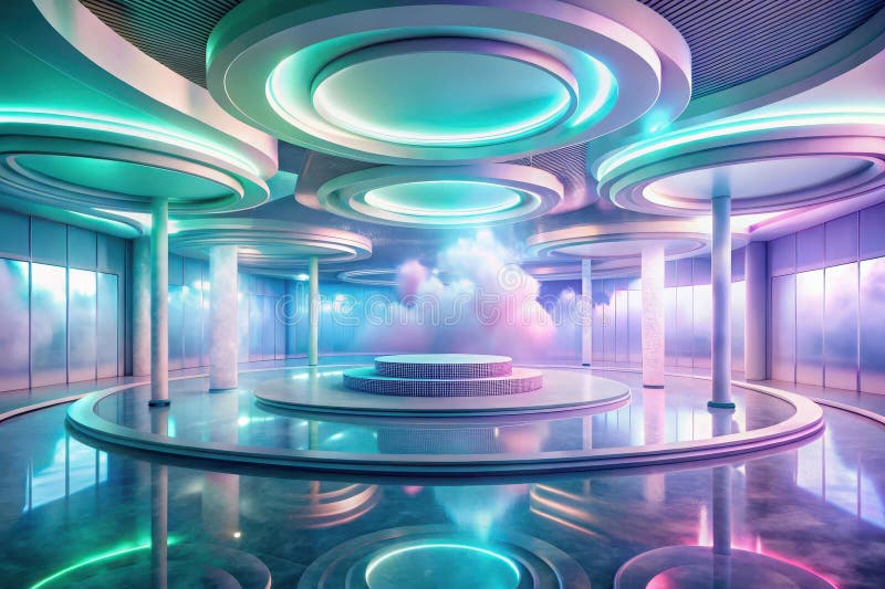 Futuristic Hallway with Illuminated Circular Ceiling and Reflective Floor, Featuring a Central ...